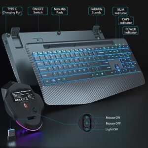 Wireless Keyboard and Mouse Backlit, Wrist Rest, Jiggler Mouse, Phone Holder, Ergo Rechargeable Silent Light Up Combo for Computer, Mac, PC, Laptop, Chromebook - by SABLUTE, Gray