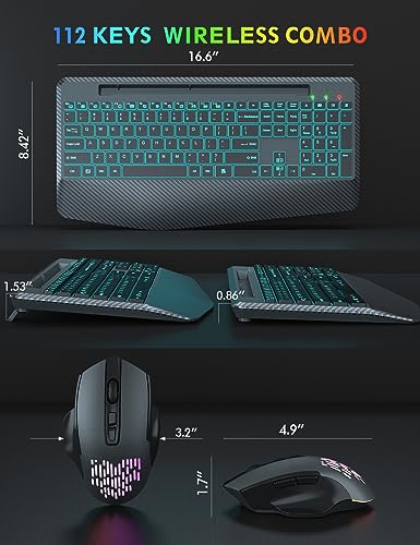 Wireless Keyboard and Mouse Backlit, Wrist Rest, Jiggler Mouse, Phone Holder, Ergo Rechargeable Silent Light Up Combo for Computer, Mac, PC, Laptop, Chromebook - by SABLUTE, Gray