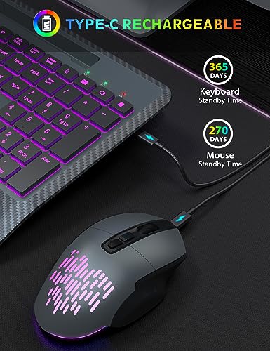 Wireless Keyboard and Mouse Backlit, Wrist Rest, Jiggler Mouse, Phone Holder, Ergo Rechargeable Silent Light Up Combo for Computer, Mac, PC, Laptop, Chromebook - by SABLUTE, Gray