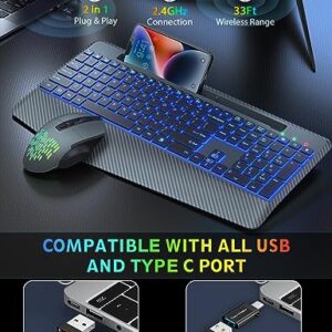 Wireless Keyboard and Mouse Backlit, Wrist Rest, Jiggler Mouse, Phone Holder, Ergo Rechargeable Silent Light Up Combo for Computer, Mac, PC, Laptop, Chromebook - by SABLUTE, Gray