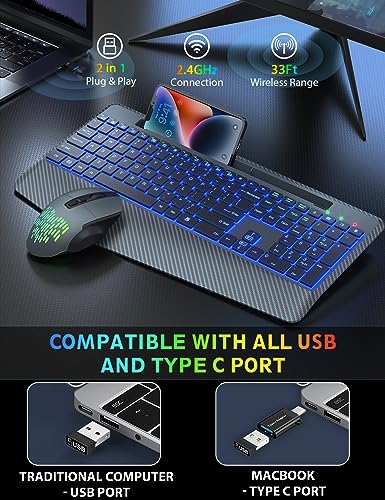 Wireless Keyboard and Mouse Backlit, Wrist Rest, Jiggler Mouse, Phone Holder, Ergo Rechargeable Silent Light Up Combo for Computer, Mac, PC, Laptop, Chromebook - by SABLUTE, Gray