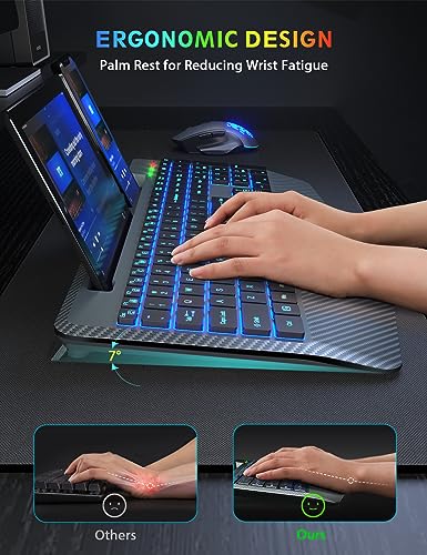 Wireless Keyboard and Mouse Backlit, Wrist Rest, Jiggler Mouse, Phone Holder, Ergo Rechargeable Silent Light Up Combo for Computer, Mac, PC, Laptop, Chromebook - by SABLUTE, Gray