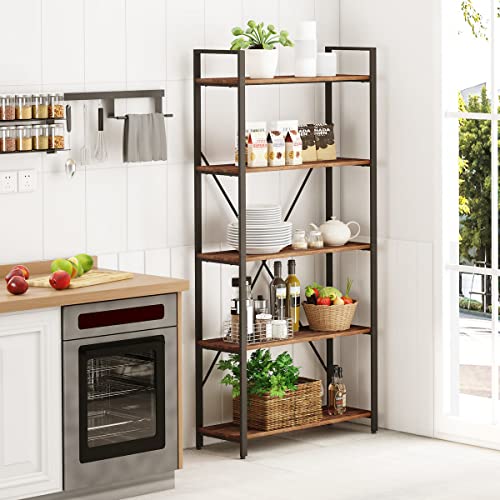 BON AUGURE Industrial Bookshelf, Etagere Bookcases and Book Shelves 5 Tier, Rustic Wood and Metal Shelving Unit (Rustic Oak)