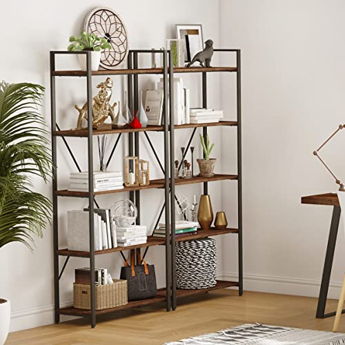 BON AUGURE Industrial Bookshelf, Etagere Bookcases and Book Shelves 5 Tier, Rustic Wood and Metal Shelving Unit (Rustic Oak)