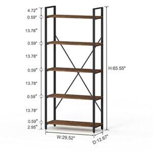 BON AUGURE Industrial Bookshelf, Etagere Bookcases and Book Shelves 5 Tier, Rustic Wood and Metal Shelving Unit (Rustic Oak)