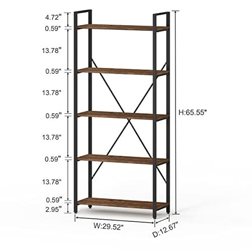 BON AUGURE Industrial Bookshelf, Etagere Bookcases and Book Shelves 5 Tier, Rustic Wood and Metal Shelving Unit (Rustic Oak)