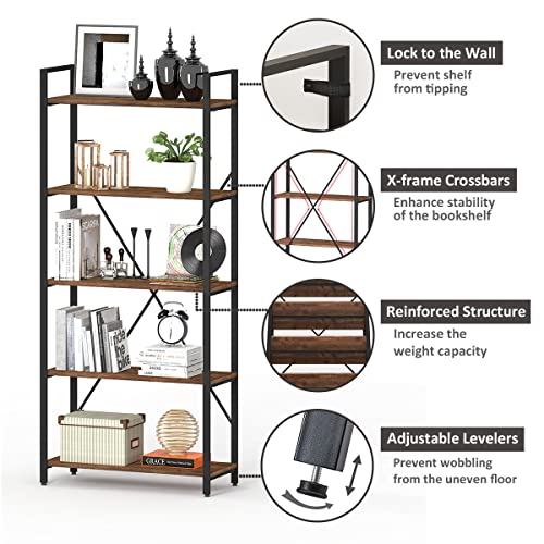 BON AUGURE Industrial Bookshelf, Etagere Bookcases and Book Shelves 5 Tier, Rustic Wood and Metal Shelving Unit (Rustic Oak)