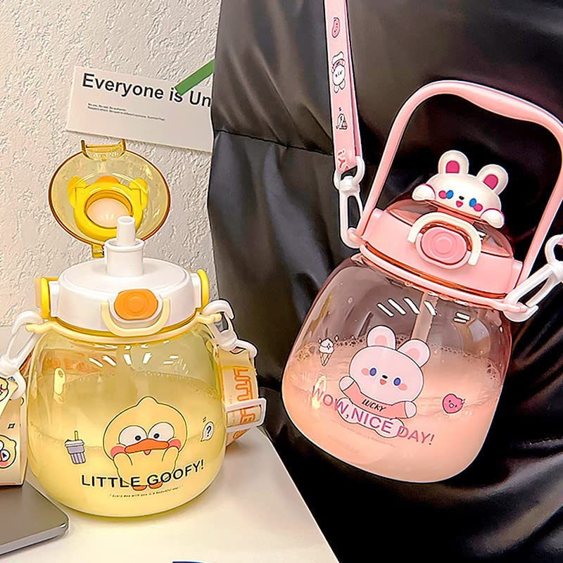 JQWSVE Kawaii Water Bottle with Straw Cute Water Bottles 46oz Big Belly Water Bottle Large Capacity Kawaii Bear Bottle Cute Cartoon Drinking Bottle for Milk Juice Tea