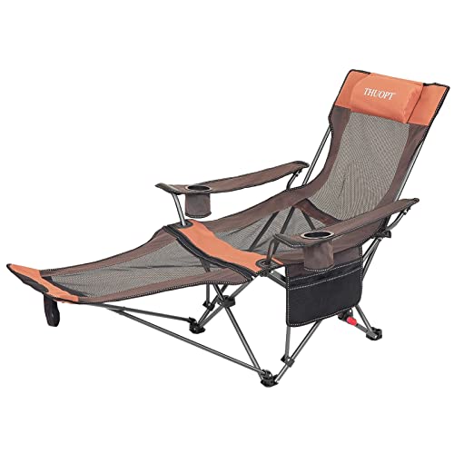 THUOPT Camping Folding Mesh Chair with Collapsible Footrest Adjustable Backrest for Adults, Portable Lightweight Reclining Foldable Chair with Pillow Cup Holder for Outdoor in Summer