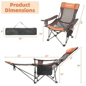 THUOPT Camping Folding Mesh Chair with Collapsible Footrest Adjustable Backrest for Adults, Portable Lightweight Reclining Foldable Chair with Pillow Cup Holder for Outdoor in Summer