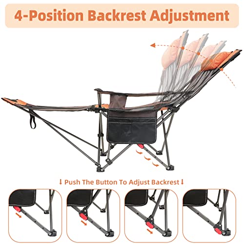 THUOPT Camping Folding Mesh Chair with Collapsible Footrest Adjustable Backrest for Adults, Portable Lightweight Reclining Foldable Chair with Pillow Cup Holder for Outdoor in Summer