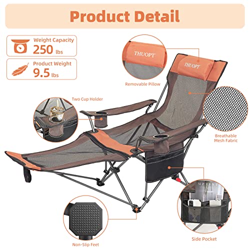 THUOPT Camping Folding Mesh Chair with Collapsible Footrest Adjustable Backrest for Adults, Portable Lightweight Reclining Foldable Chair with Pillow Cup Holder for Outdoor in Summer