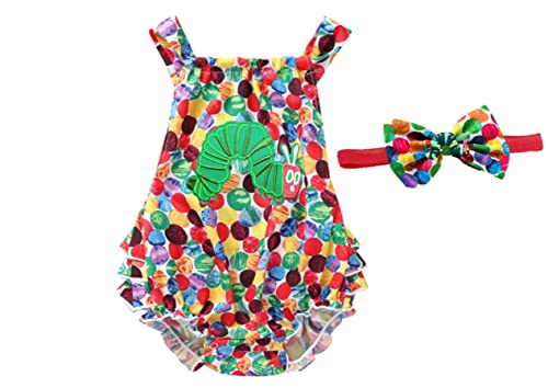 Girl First Second Birthday Outfit Cake Smash The Very Hungry Caterpillar Headband Romper Dress Jumpsuit Bodysuit Set Clothes (Romper and Headband, 12-18 months)