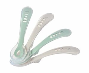 beaba second stage silicone spoons for self feeding babies, the original soft tip silicone spoons, bpa lead phthalate and plastic free, great gift set (4 pack) (sage)