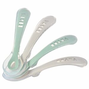 BEABA Second Stage Silicone Spoons for Self Feeding Babies, The Original Soft Tip Silicone Spoons, BPA Lead Phthalate and Plastic Free, Great Gift Set (4 Pack) (Sage)