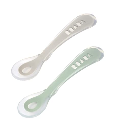 BEABA Second Stage Silicone Spoons for Self Feeding Babies, The Original Soft Tip Silicone Spoons, BPA Lead Phthalate and Plastic Free, Great Gift Set (4 Pack) (Sage)