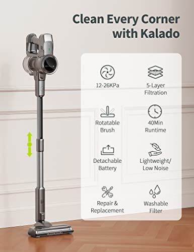 kalado Cordless Vacuum Cleaner, 26Kpa Stick Vacuum with 40Min Detachable Battery, 250W Brushless Motor, LED Display, 6 in 1 Lightweight Upright Vacuum for Pet Hair Carpet Car Floor（2 Years Warranty）