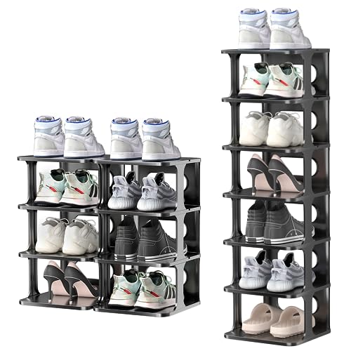 Dscabomlg DIY Shoe Rack 8 Tier Shoe Organizer for Closet and Entryway Stackable Shoe Storage Narrow Free Standing Shoe Rack Plastic Vertical ShoeHolder Cubby Shoe Stand Shoe Shelf (Black, 8 Tiers)