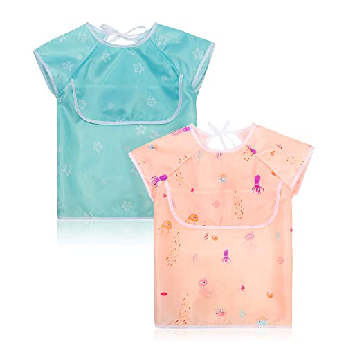 Little Dimsum 2 Pcs Baby Weaning Bibs Short Sleeves Feeding Bibs Waterproof Baby Bibs 6-48 Months Toddler Bibs Apron Smock with Top Pocket Bag for Babies(octopus&flower)