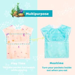 Little Dimsum 2 Pcs Baby Weaning Bibs Short Sleeves Feeding Bibs Waterproof Baby Bibs 6-48 Months Toddler Bibs Apron Smock with Top Pocket Bag for Babies(octopus&flower)