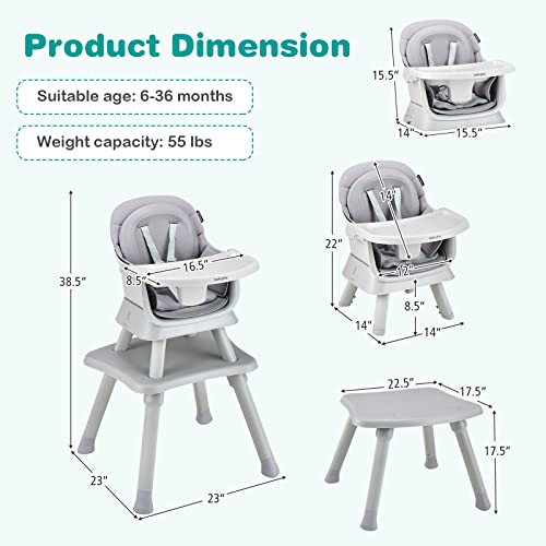 BABY JOY Baby High Chair, 8 in 1 Convertible Highchair for Babies & Toddlers | Booster Seat | Table and Chair Set | Building Block Table | Toddler Chair with Safety Harness, Removable Tray (Gray)