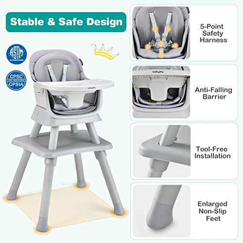 BABY JOY Baby High Chair, 8 in 1 Convertible Highchair for Babies & Toddlers | Booster Seat | Table and Chair Set | Building Block Table | Toddler Chair with Safety Harness, Removable Tray (Gray)