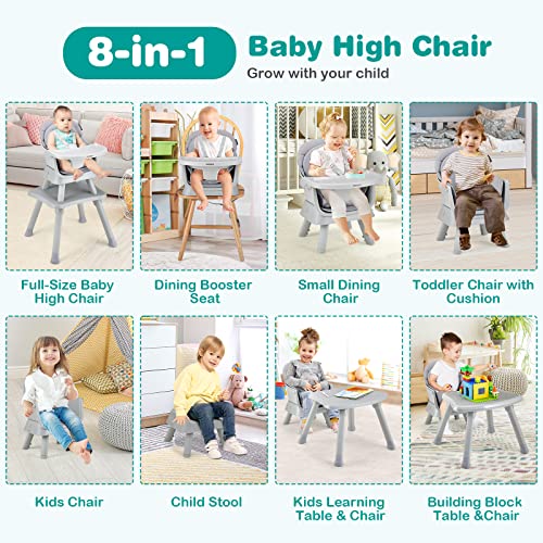 BABY JOY Baby High Chair, 8 in 1 Convertible Highchair for Babies & Toddlers | Booster Seat | Table and Chair Set | Building Block Table | Toddler Chair with Safety Harness, Removable Tray (Gray)