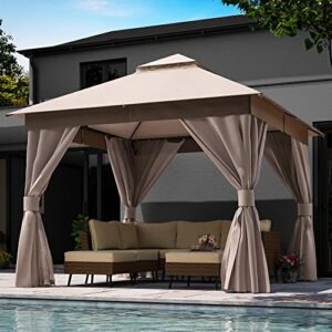 lausaint home outdoor patio gazebo 10'x10' with expansion bolts, heavy duty party tent & shelter with double roofs, mosquito nettings and privacy screens for backyard, garden, lawn, champagne khaki