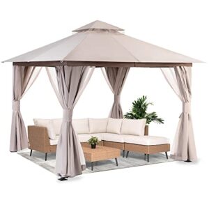 LAUSAINT HOME Outdoor Patio Gazebo 10'x10' with Expansion Bolts, Heavy Duty Party Tent & Shelter with Double Roofs, Mosquito Nettings and Privacy Screens for Backyard, Garden, Lawn, Champagne Khaki