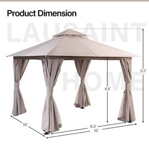 LAUSAINT HOME Outdoor Patio Gazebo 10'x10' with Expansion Bolts, Heavy Duty Party Tent & Shelter with Double Roofs, Mosquito Nettings and Privacy Screens for Backyard, Garden, Lawn, Champagne Khaki