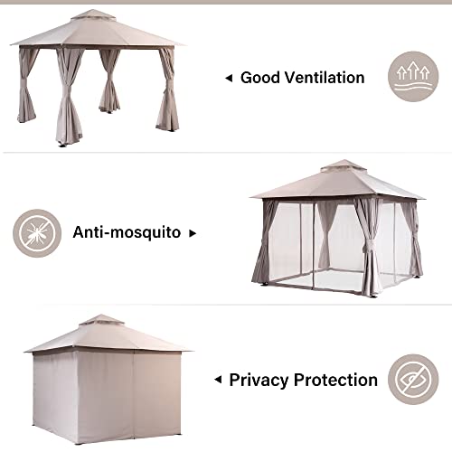 LAUSAINT HOME Outdoor Patio Gazebo 10'x10' with Expansion Bolts, Heavy Duty Party Tent & Shelter with Double Roofs, Mosquito Nettings and Privacy Screens for Backyard, Garden, Lawn, Champagne Khaki