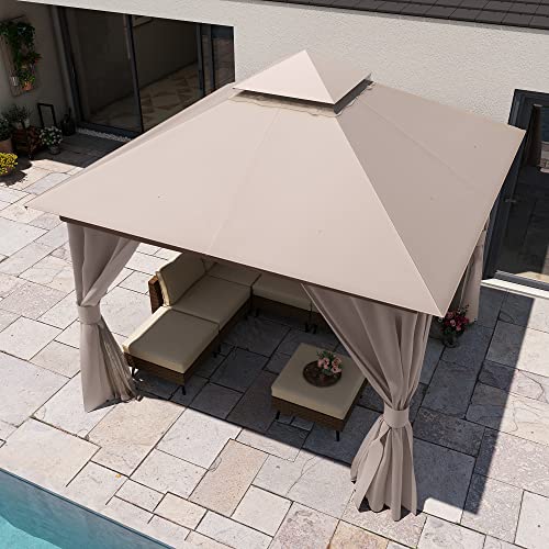 LAUSAINT HOME Outdoor Patio Gazebo 10'x10' with Expansion Bolts, Heavy Duty Party Tent & Shelter with Double Roofs, Mosquito Nettings and Privacy Screens for Backyard, Garden, Lawn, Champagne Khaki