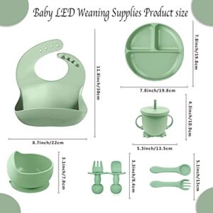 MAXTIL 8 Pcs Baby LED Weaning Supplies, Silicone Baby Feeding Set Silicone Suction Plates Adjustable Silicone Toddler Bibs Baby Plates and Bowls Set Suction Bowls Divided Plates