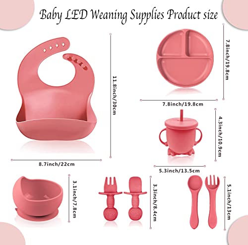 MAXTIL 8 Pcs Baby LED Weaning Supplies, Silicone Baby Feeding Set Silicone Suction Plates For Baby And Baby Bowl with Straw and Lid Baby Feeding Supplies Set