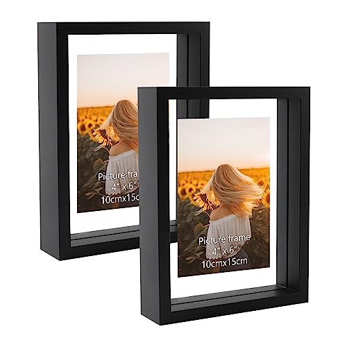 WIFTREY 4x6 Floating Picture Frame 2 Pack, Double Glass Rustic 4 x 6 Photo Frame Displays Photo up to 6x8 for Wall Hanging or Tabletop Standing, Black