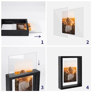 WIFTREY 4x6 Floating Picture Frame 2 Pack, Double Glass Rustic 4 x 6 Photo Frame Displays Photo up to 6x8 for Wall Hanging or Tabletop Standing, Black