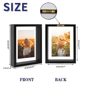 WIFTREY 4x6 Floating Picture Frame 2 Pack, Double Glass Rustic 4 x 6 Photo Frame Displays Photo up to 6x8 for Wall Hanging or Tabletop Standing, Black