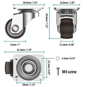 1 inch Small Caster Wheels for Furniture Small Casters Set of 4 Total Capacity 90lbs (No Brake)