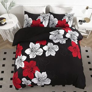 Black Duvet Cover Set King Red Floral Pattern Comforter Cover Boho Lily Floral Duvet Cover with 2 Pillow Cases Lightweight Microfiber Elegant Bedding Duvet Cover Set All Season 90"x 104"