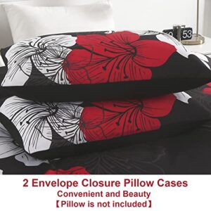 Black Duvet Cover Set King Red Floral Pattern Comforter Cover Boho Lily Floral Duvet Cover with 2 Pillow Cases Lightweight Microfiber Elegant Bedding Duvet Cover Set All Season 90"x 104"