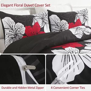 Black Duvet Cover Set King Red Floral Pattern Comforter Cover Boho Lily Floral Duvet Cover with 2 Pillow Cases Lightweight Microfiber Elegant Bedding Duvet Cover Set All Season 90"x 104"