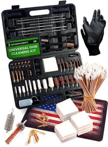 universal gun cleaning kit for all guns 63pcs - portable gun cleaning kits for handguns and rifles, shotgun, airsoft - incl. stainless steel rods, brass jags, gun cleaning patches, cleaning swabs