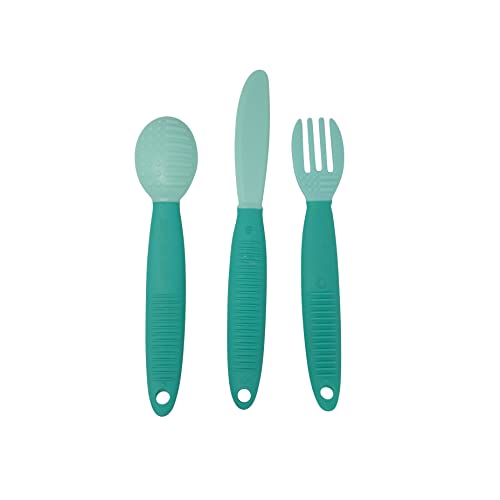 BUSY BABY Eating Utensils for Babies & Toddlers | Fork, Spoon, & Knife | Food-Grade Silicone & Tritan Plastic | Dishwasher Safe, BPA Free (Spearmint)