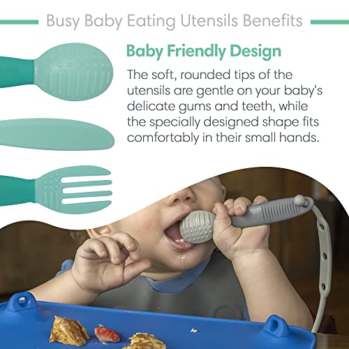 BUSY BABY Eating Utensils for Babies & Toddlers | Fork, Spoon, & Knife | Food-Grade Silicone & Tritan Plastic | Dishwasher Safe, BPA Free (Spearmint)