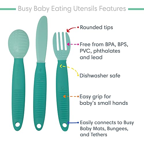 BUSY BABY Eating Utensils for Babies & Toddlers | Fork, Spoon, & Knife | Food-Grade Silicone & Tritan Plastic | Dishwasher Safe, BPA Free (Spearmint)