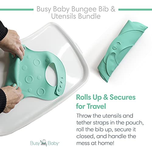 BUSY BABY Bungee Bib & Utensils Bundle | Silicone Bib for Babies & Toddlers with Tethers to Attach Utensils and Keep Them Off The Floor | Dishwasher Safe, BPA Free (Spearmint)