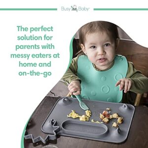 BUSY BABY Bungee Bib & Utensils Bundle | Silicone Bib for Babies & Toddlers with Tethers to Attach Utensils and Keep Them Off The Floor | Dishwasher Safe, BPA Free (Spearmint)