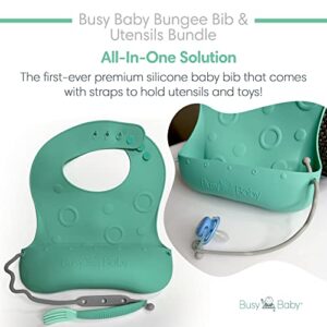 BUSY BABY Bungee Bib & Utensils Bundle | Silicone Bib for Babies & Toddlers with Tethers to Attach Utensils and Keep Them Off The Floor | Dishwasher Safe, BPA Free (Spearmint)