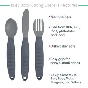 BUSY BABY Bungee Bib & Utensils Bundle | Silicone Bib for Babies & Toddlers with Tethers to Attach Utensils and Keep Them Off The Floor | Dishwasher Safe, BPA Free (Spearmint)