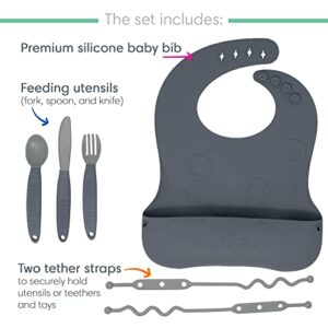 BUSY BABY Bungee Bib & Utensils Bundle | Silicone Bib for Babies & Toddlers with Tethers to Attach Utensils and Keep Them Off The Floor | Dishwasher Safe, BPA Free (Spearmint)